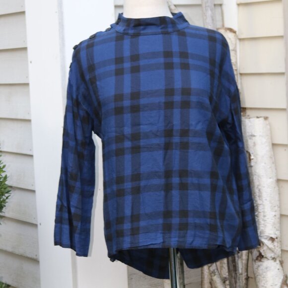 Madewell | Tops | Madewell Blue Black Plaid Cotton Mock Neck Button Shoulder Split Back Top Sz S ...